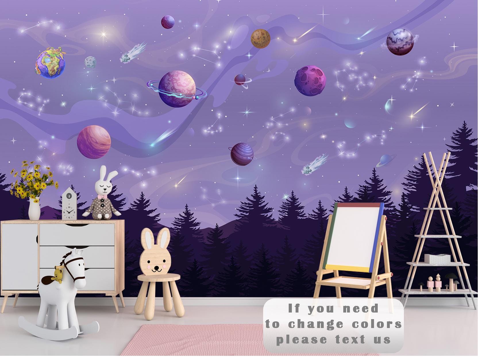 Space Nursery Wallpaper Purple, Galaxy Wall Mural, Outer Space ...