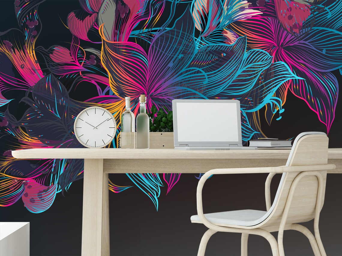 Dark Floral Wallpaper Removable Flowers Wall Mural Black - Etsy