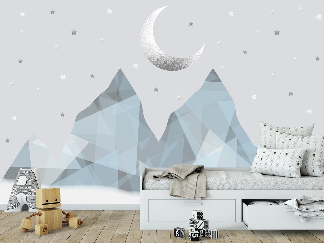 Mountain With Moon and Stars Wall Mural Kids Nursery Wall - Etsy