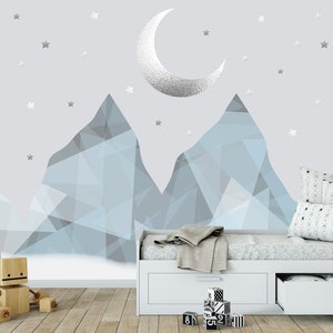 Mountain With Moon and Stars Wall Mural Kids Nursery Wall Decor, Large ...