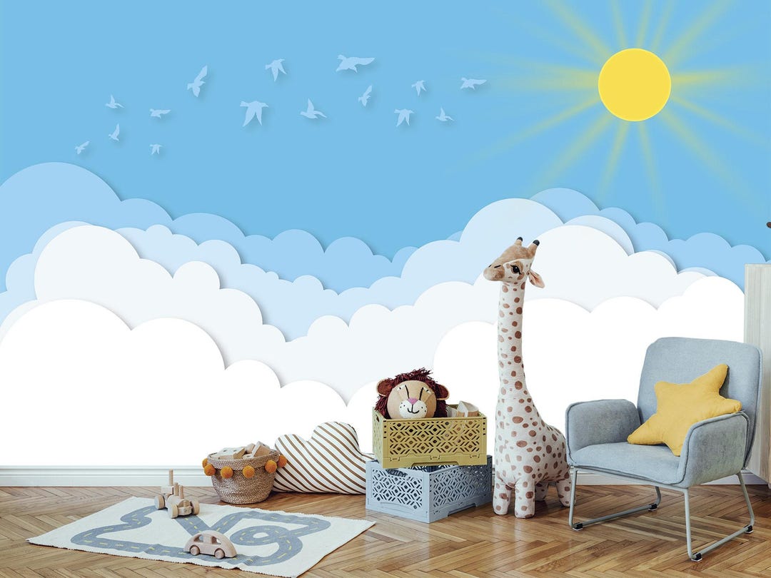 Blue Sky With Sun Wallpaper Nursery, Sky and Birds Wall Mural Kids Baby ...
