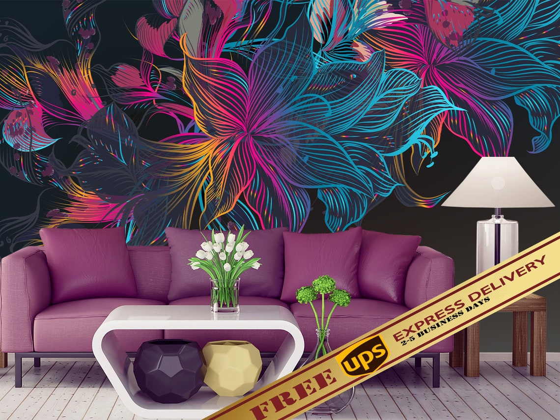 Dark Floral Wallpaper Removable Flowers Wall Mural Black - Etsy