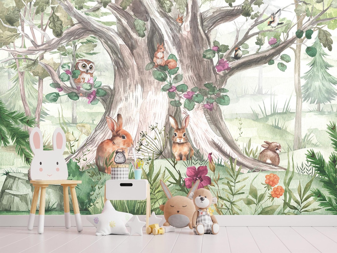 Woodland Animals Wallpaper Kids Room, Forest Nursery Wall Mural ...