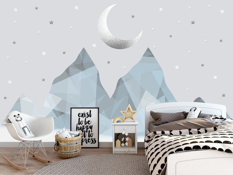 Mountain With Moon and Stars Wall Mural Kids Nursery Wall - Etsy