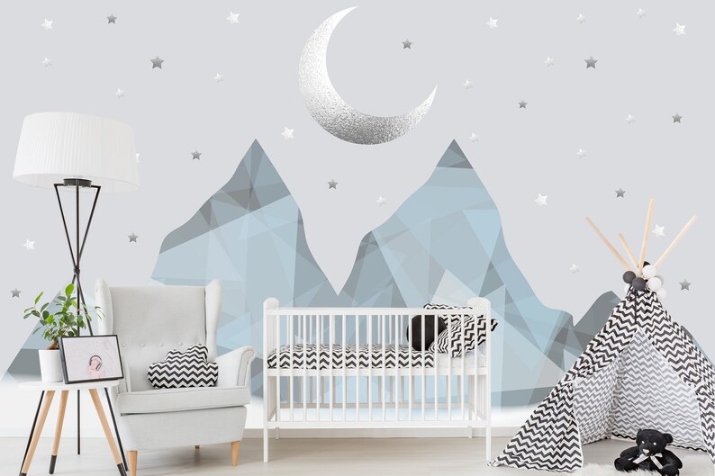 Mountain With Moon and Stars Wall Mural Kids Nursery Wall - Etsy