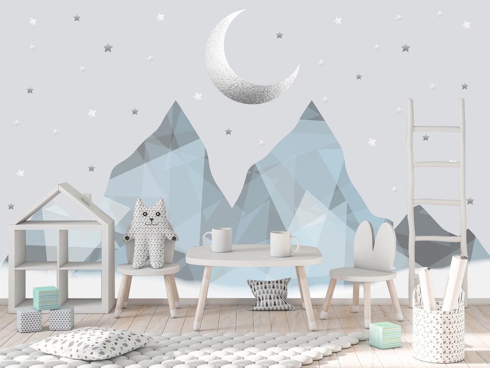 Mountain With Moon and Stars Wall Mural Kids Nursery Wall - Etsy