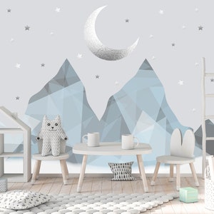 Mountain With Moon and Stars Wall Mural Kids Nursery Wall - Etsy