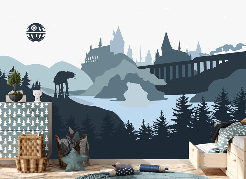 Wizard Castle Wallpaper – Magical Navy Blue Wall Mural for Boys Room ...