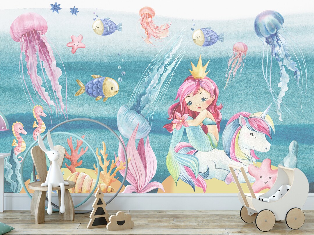 Mermaid Wallpaper Girl Room. Nautical Wall Mural Toddler Room ...