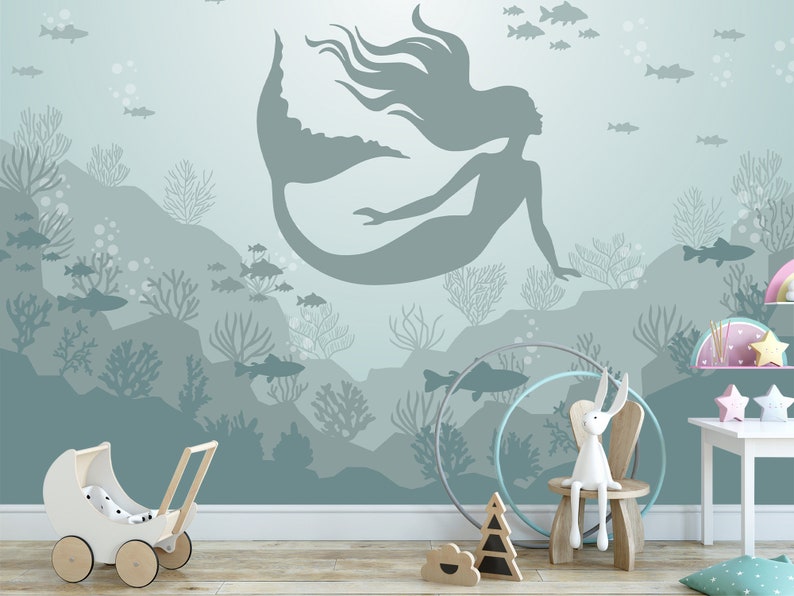 Mermaid Wallpaper Girl Room. Nautical Nursery Wall Decor. Blue - Etsy