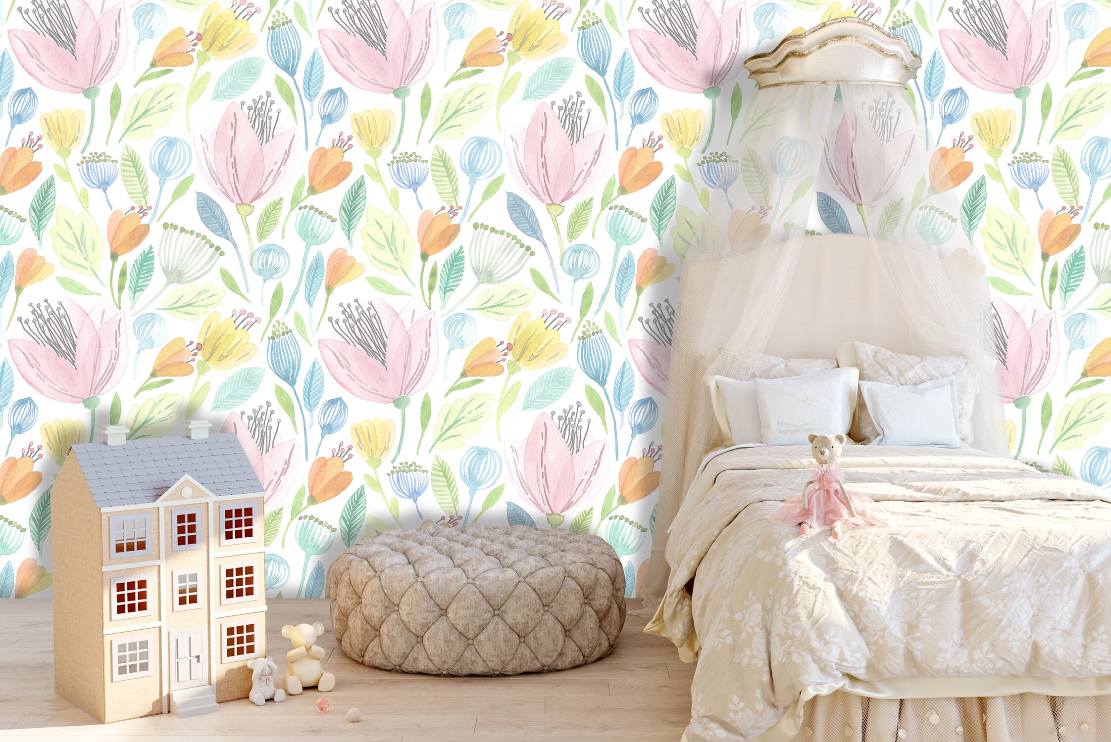 Watercolor Flowers Wallpaper Girl Room Field Flowers | Etsy