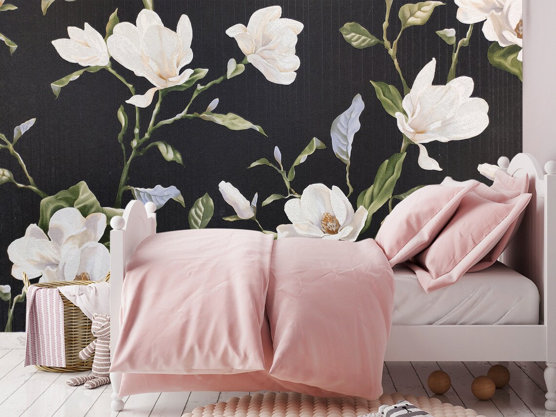 Dark Floral Wallpaper Removable Wallpaper Flowers Black and - Etsy