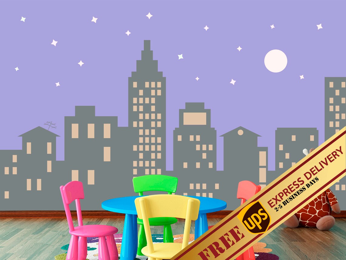 City Skyline Wallpaper Kids / Skyline Silhouette With City - Etsy
