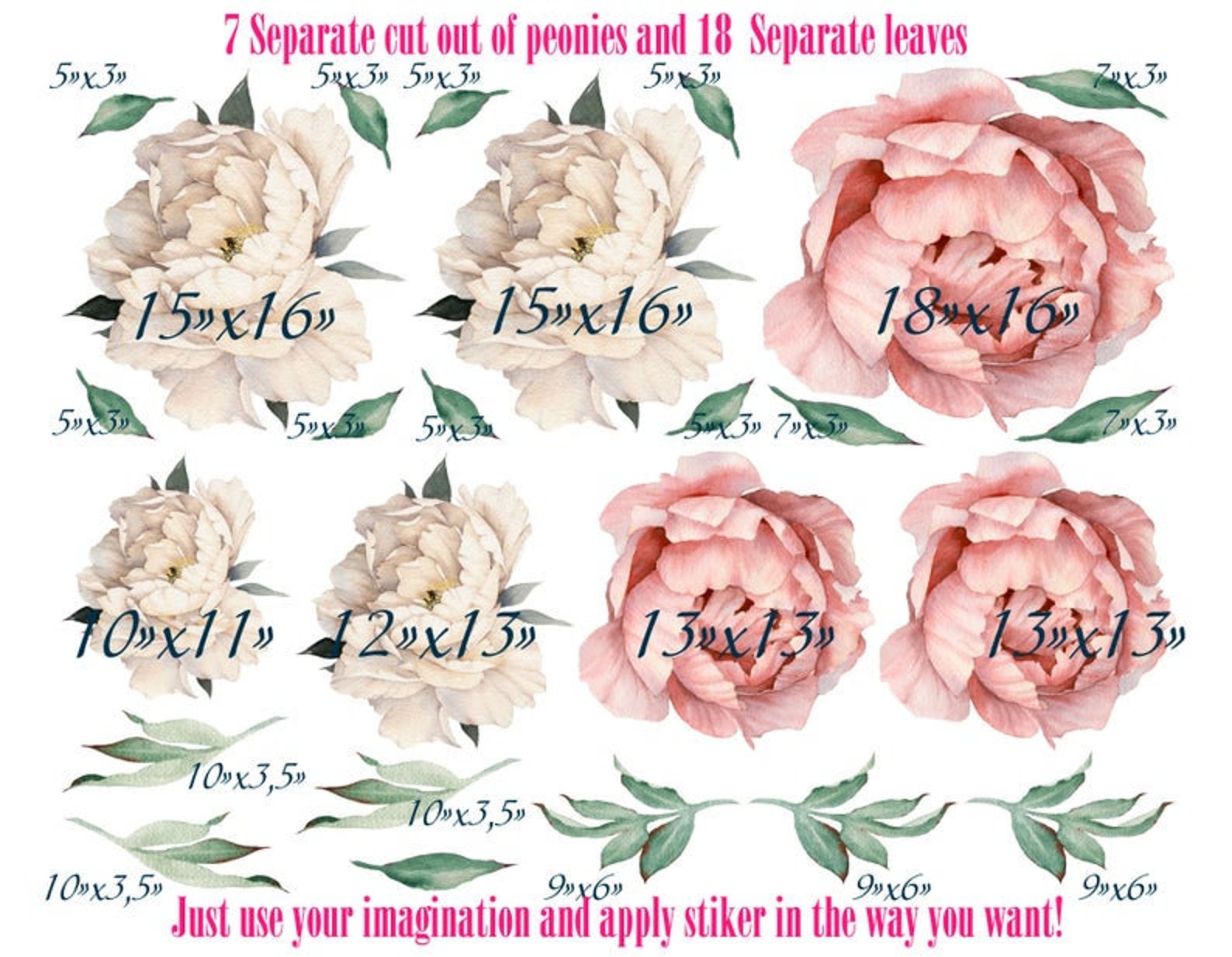 Watercolor Peony Wall Decal. Set of Peonies Decal. Peony - Etsy