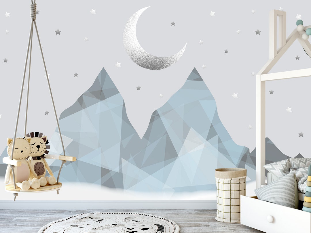 Mountain With Moon and Stars Wall Mural Kids Nursery Wall Decor, Large ...