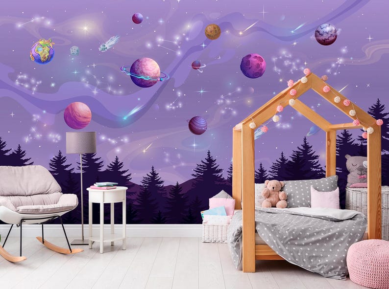 Space Nursery Wallpaper Purple, Galaxy Wall Mural, Outer Space ...