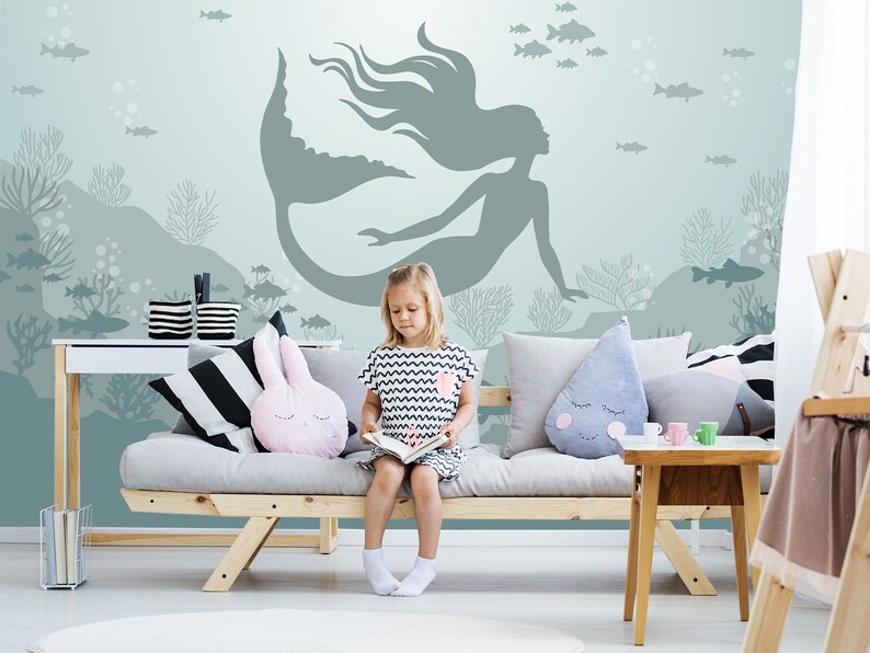 Mermaid Wallpaper Girl Room. Nautical Nursery Wall Decor. Blue - Etsy