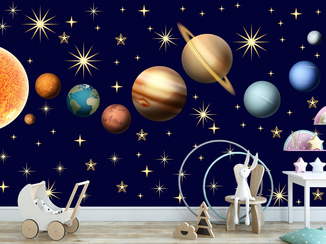 Solar System Wallpaper Kids, Space Large Wall Mural Nursery, Starry ...