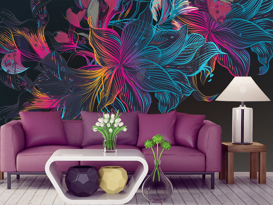 Dark Floral Wallpaper Removable Flowers Wall Mural Black - Etsy