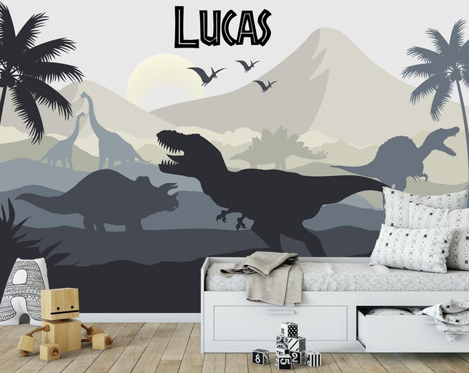 CUSTOM Dinosaur Wallpaper for Boys / Prehistoric Forest Wall Mural ...