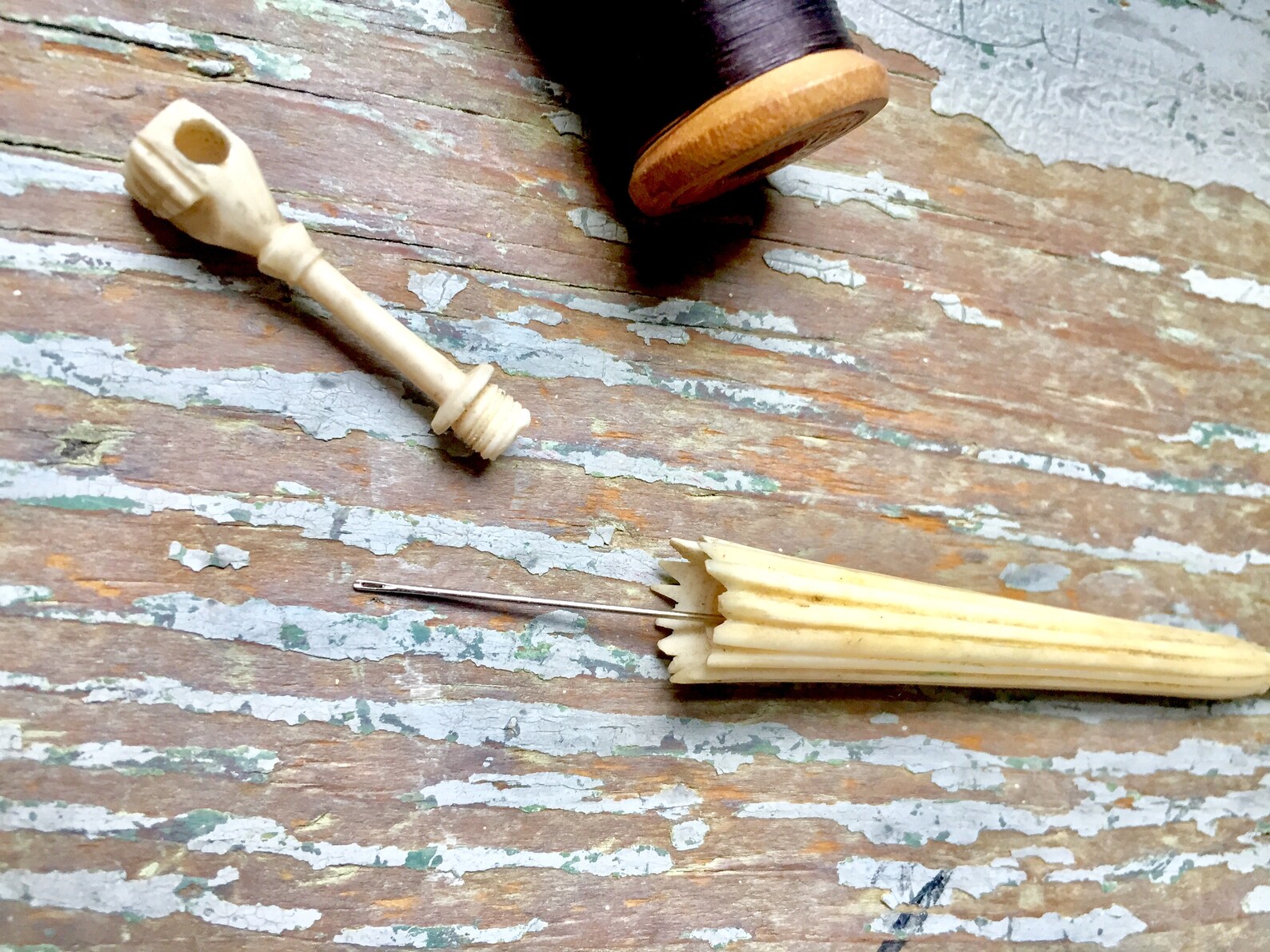 Antique Hand-carved Bone Needle Case Parasol With Hand - Etsy