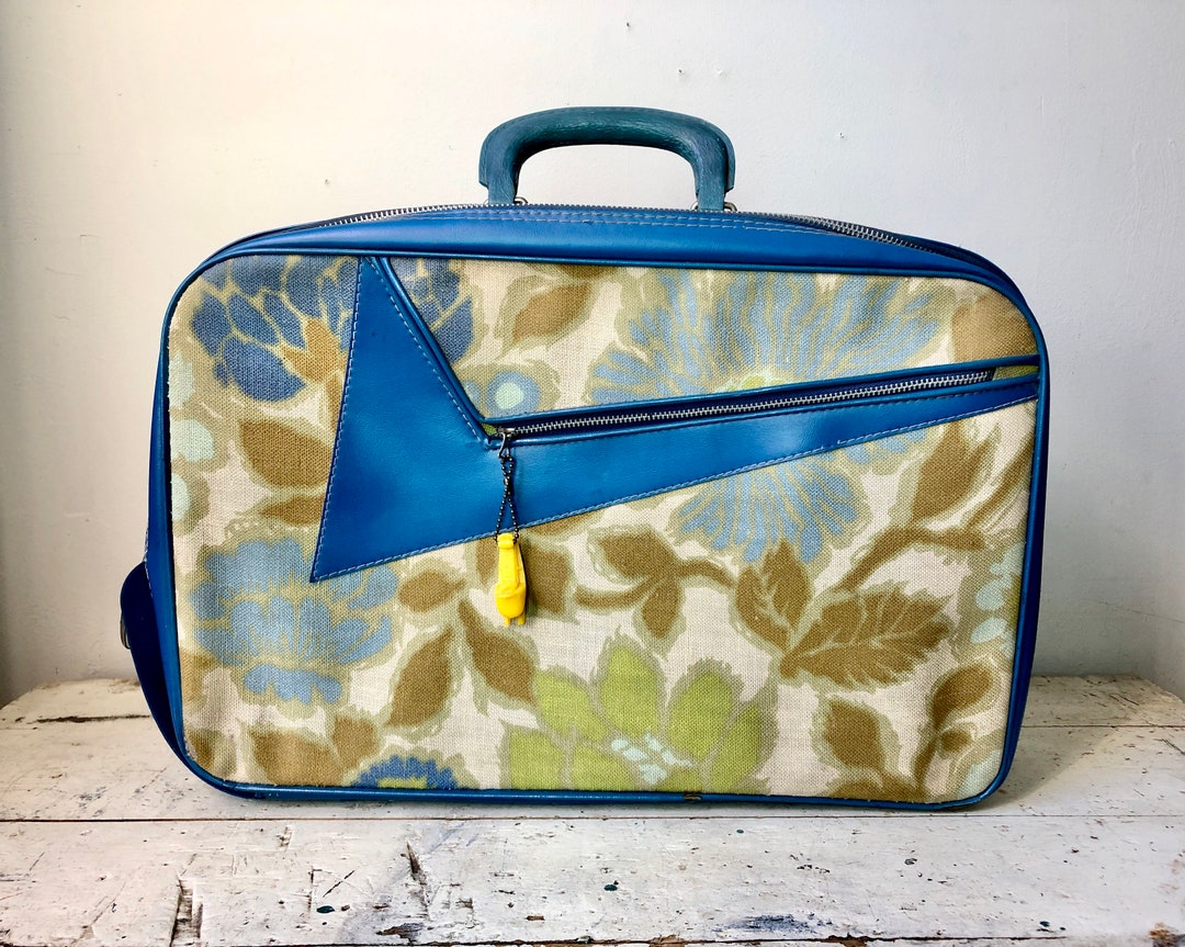 Small Vintage Suitcase With Blue Vinyl and a Floral Pattern; Bonus Ski ...