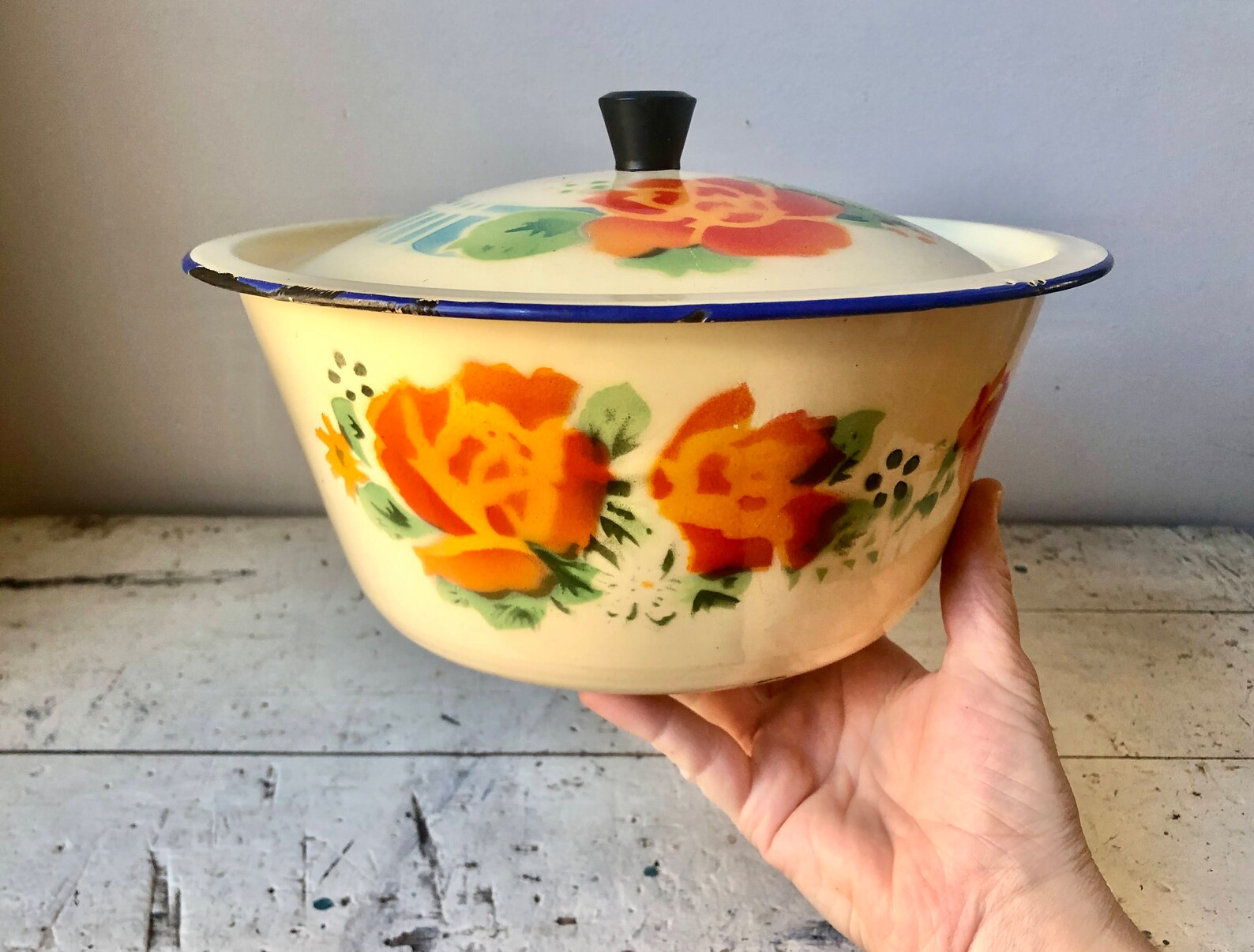 Vintage Enamelware Floral Pot With Lid; Butterfly Brand - Etsy