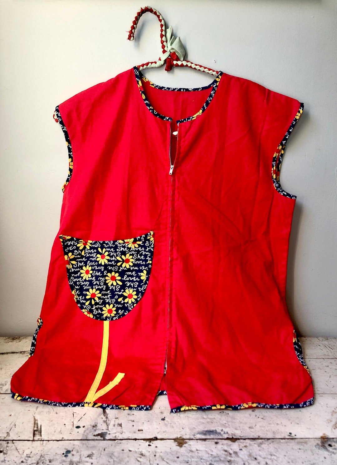 Vintage Cotton Zipper Smock With Flower Pocket; "she Loves Me, She ...