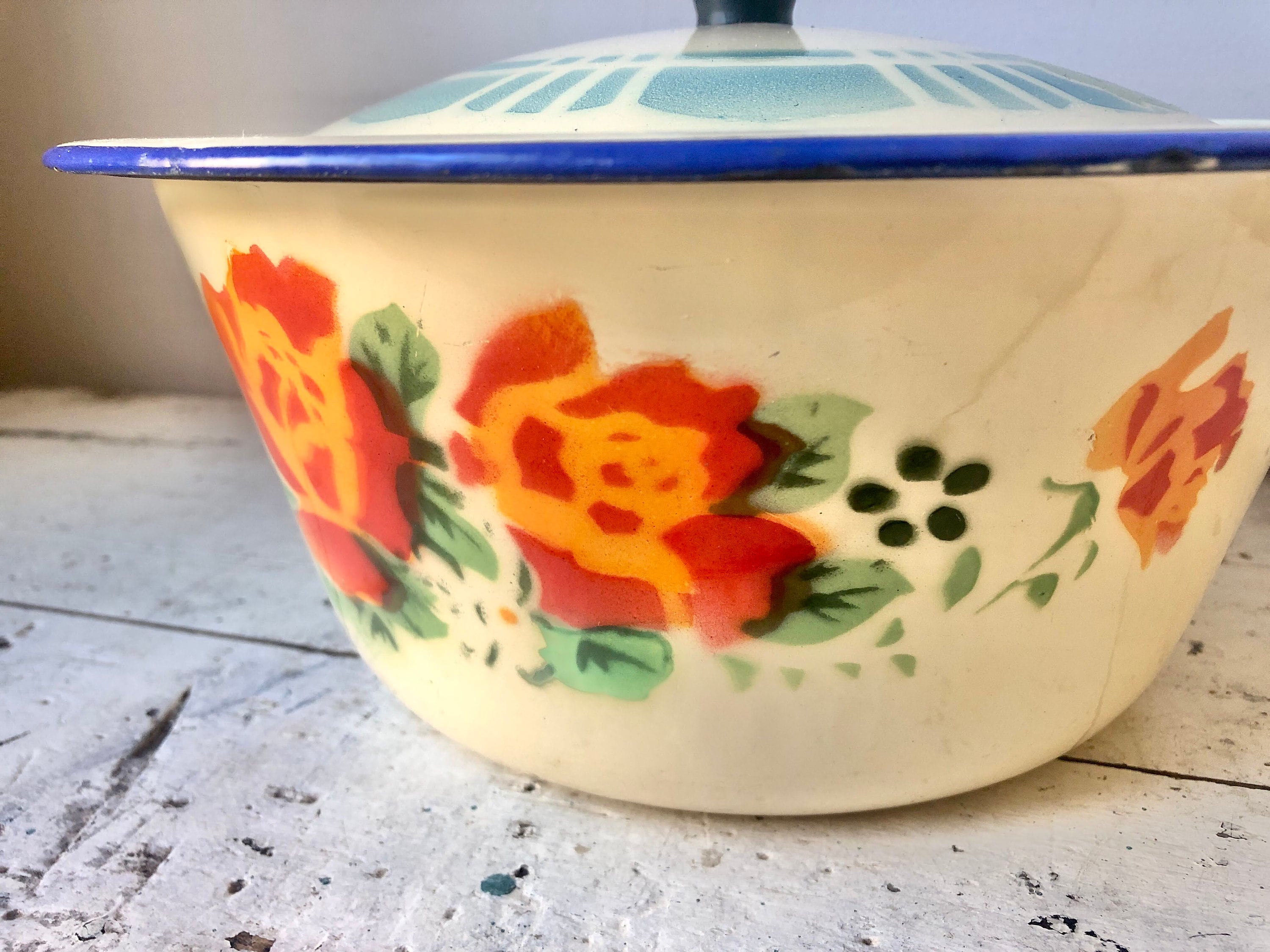 Vintage Enamelware Floral Pot With Lid; Butterfly Brand - Etsy