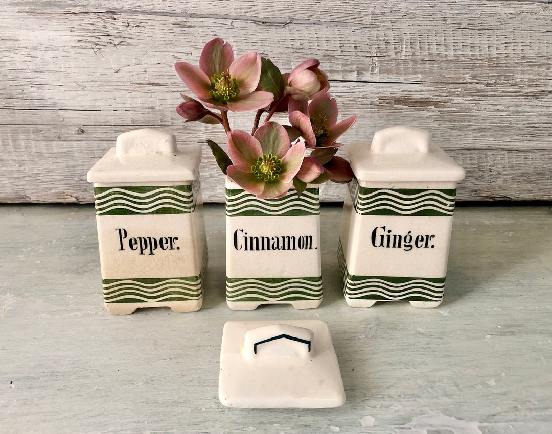 Three Antique Ceramic Spice Canisters: Pepper, Cinnamon & Ginger; Made ...