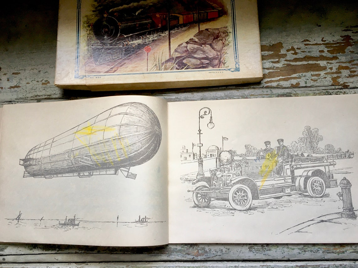 Vintage drawing book of trains ships and other vehicles | Etsy