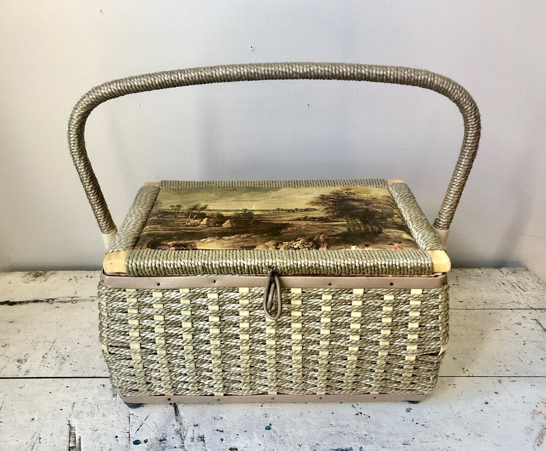 Vintage Sewing Basket With Silk Old Master Landscape Lid - Etsy