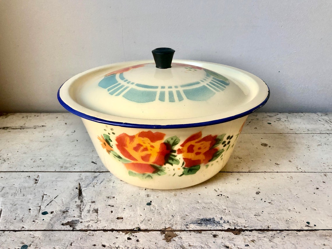 Vintage Enamelware Floral Pot With Lid; Butterfly Brand - Etsy