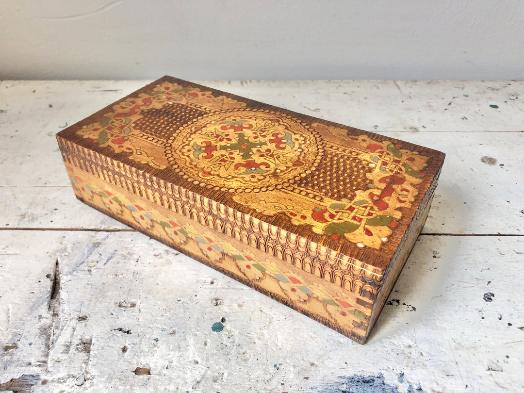 Vintage Pyrography Hinged Wooden Box - Etsy