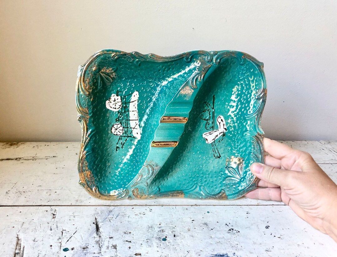 Vintage Mid-century Modern Ceramic Ashtray in Teal and Gold; Pioneering ...