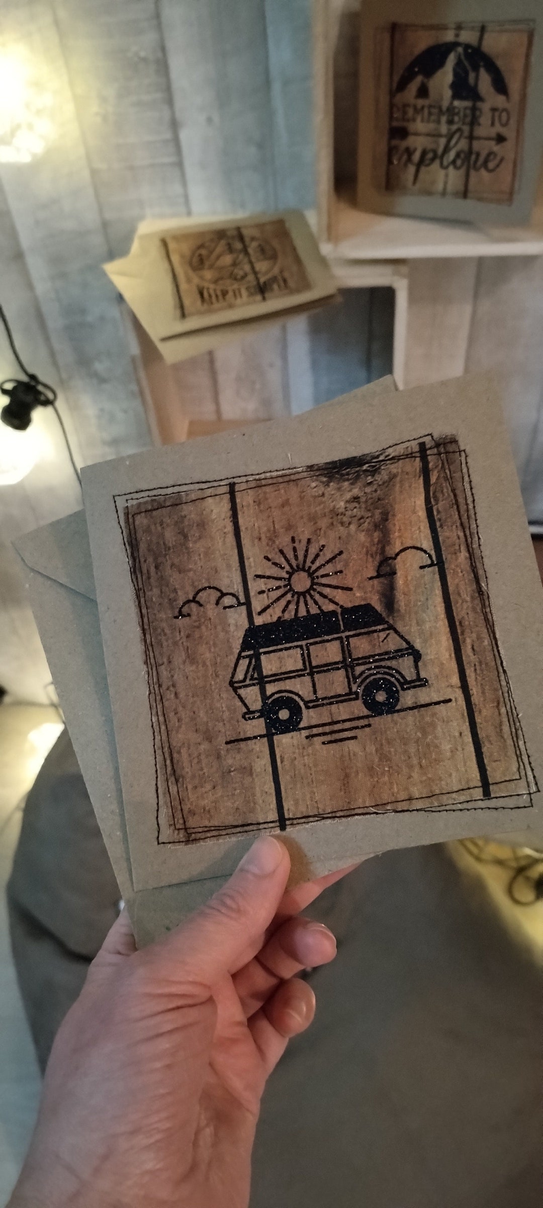 Vanlife Forest Bear Card in Recycled Cardboard and Fabric/postcard/deco ...