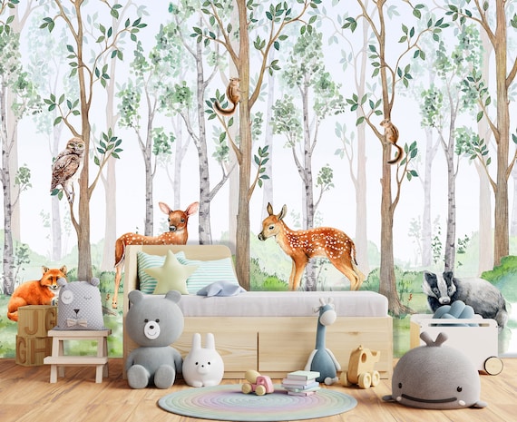 Watercolor Forest Animals Wallpaper Pastel TREES WALL Mural - Etsy