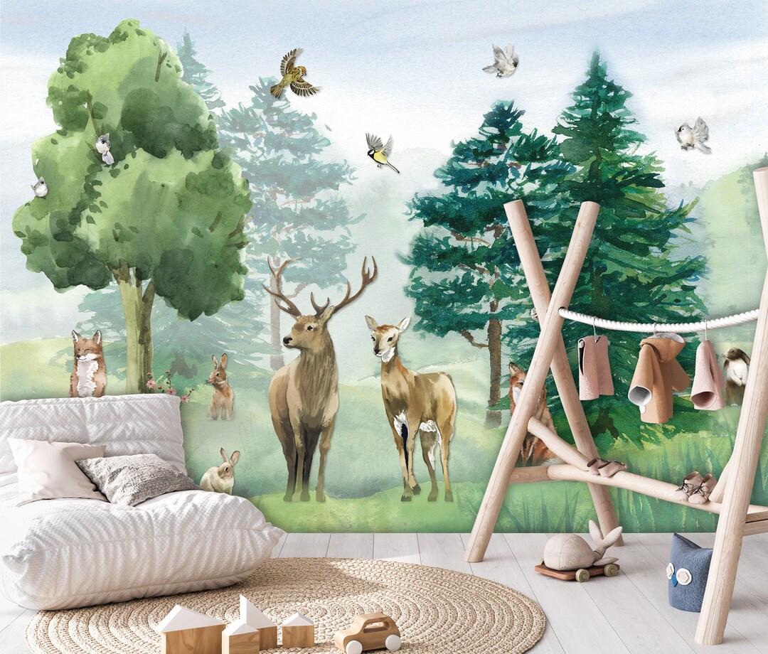 Watercolor Forest Animals Wallpaper | Nursery Wall MURAL | NATURE Wall ...