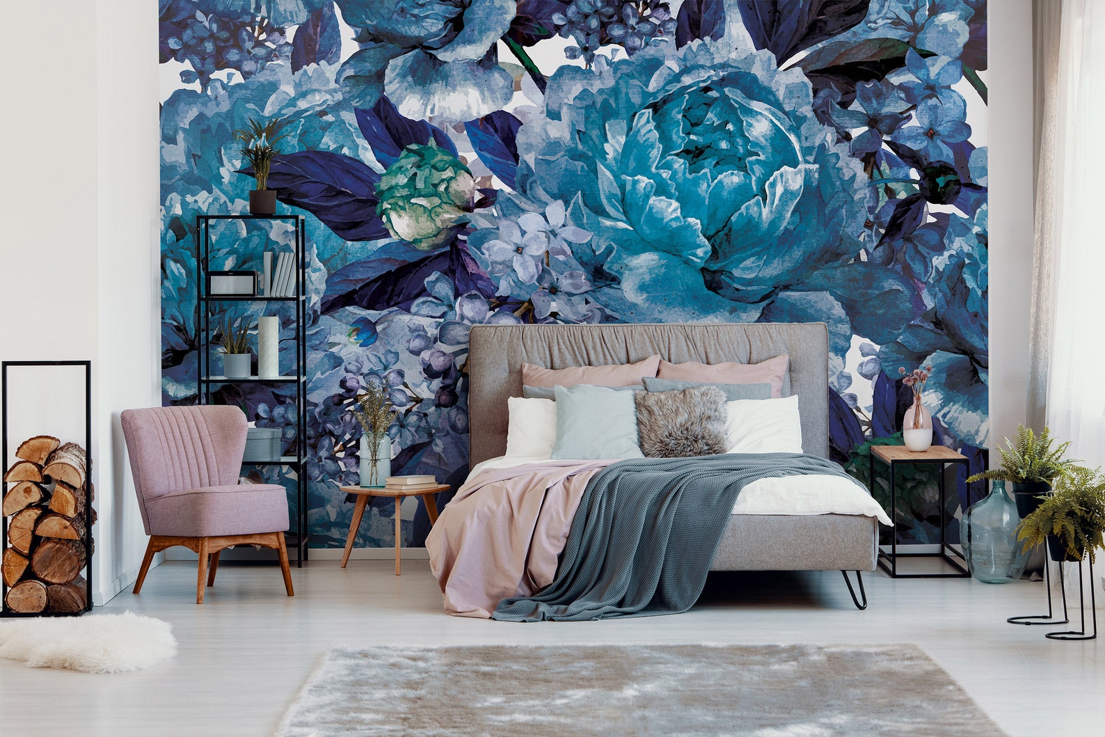 Blue FLORAL Wallpaper Large Flowers Mural FLORAL Wall - Etsy