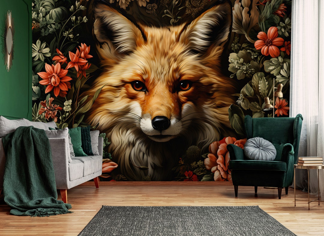 FOX in Flowers Wallpaper | Wall Mural | Animal Wall Decor | Wild Animal ...