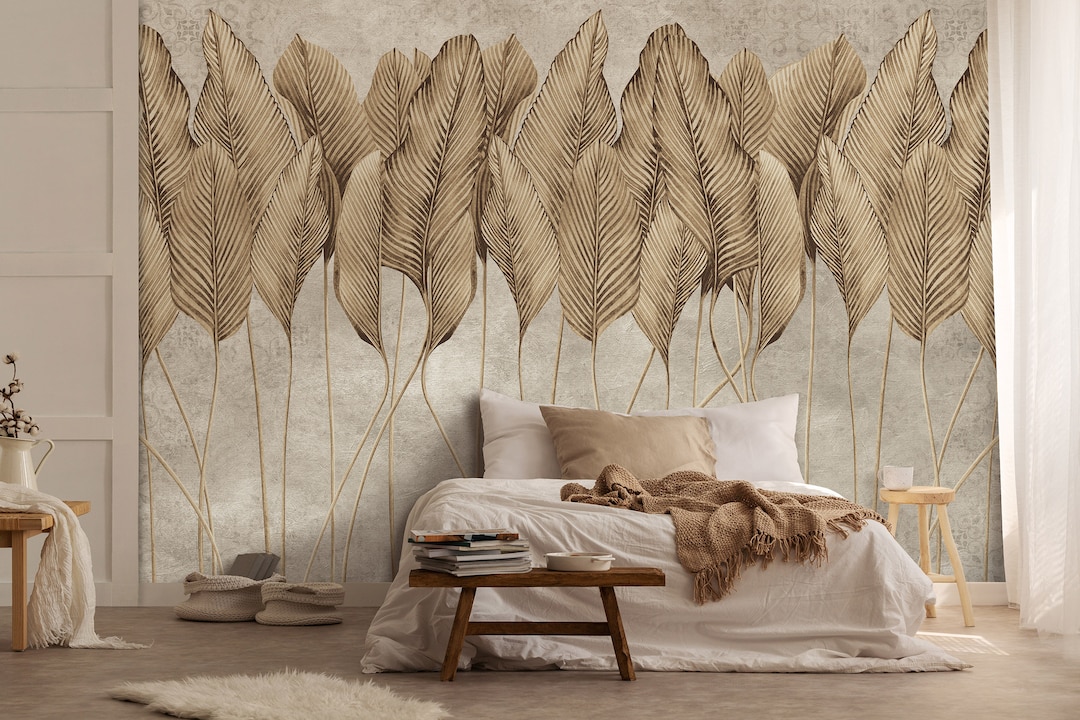 Boho LEAVES Wallpaper | Beige Wall Mural | Wall Decoration | Interior ...