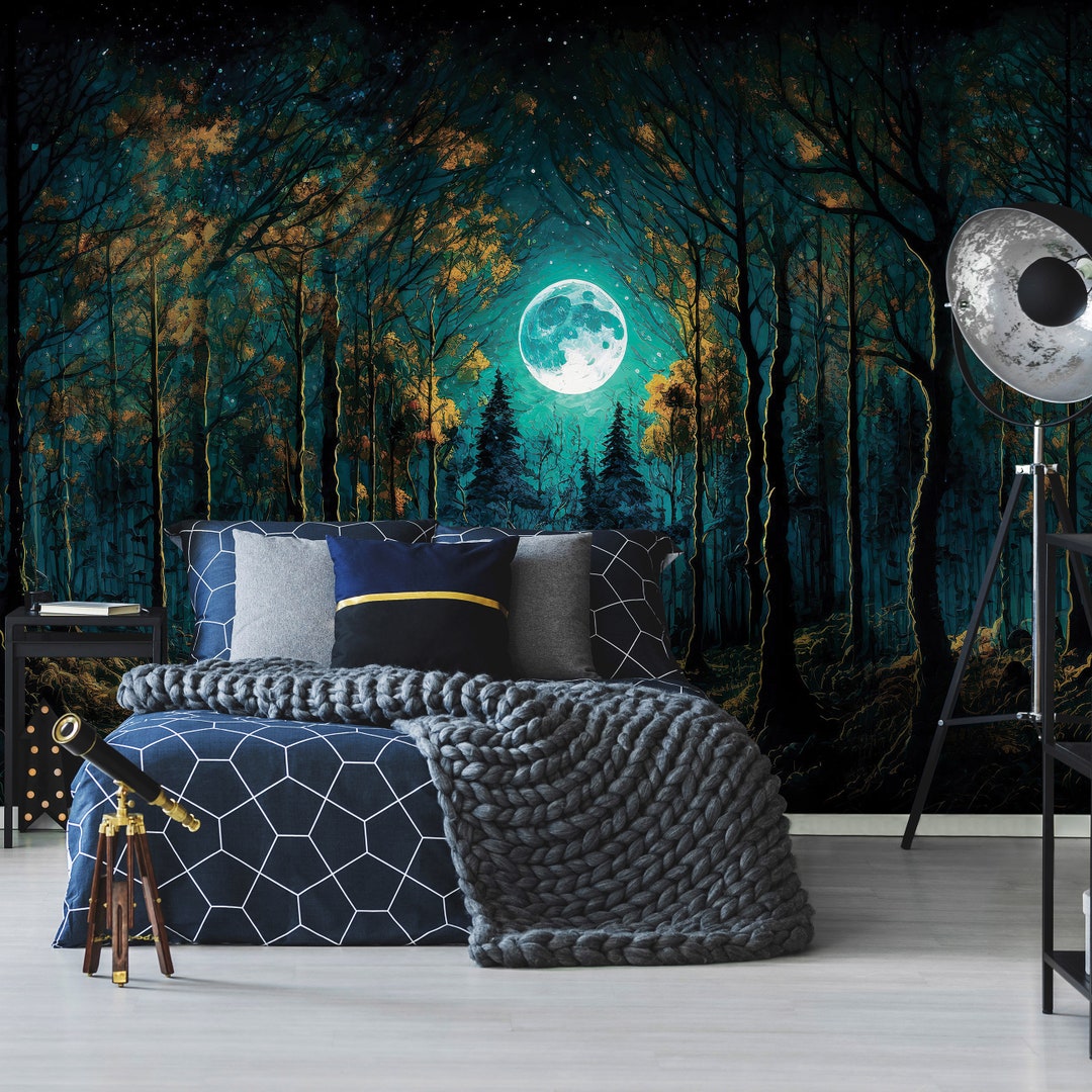 Mystic FOREST at Night Mural Wallpaper | Full Moon MURAL | Digital Art ...