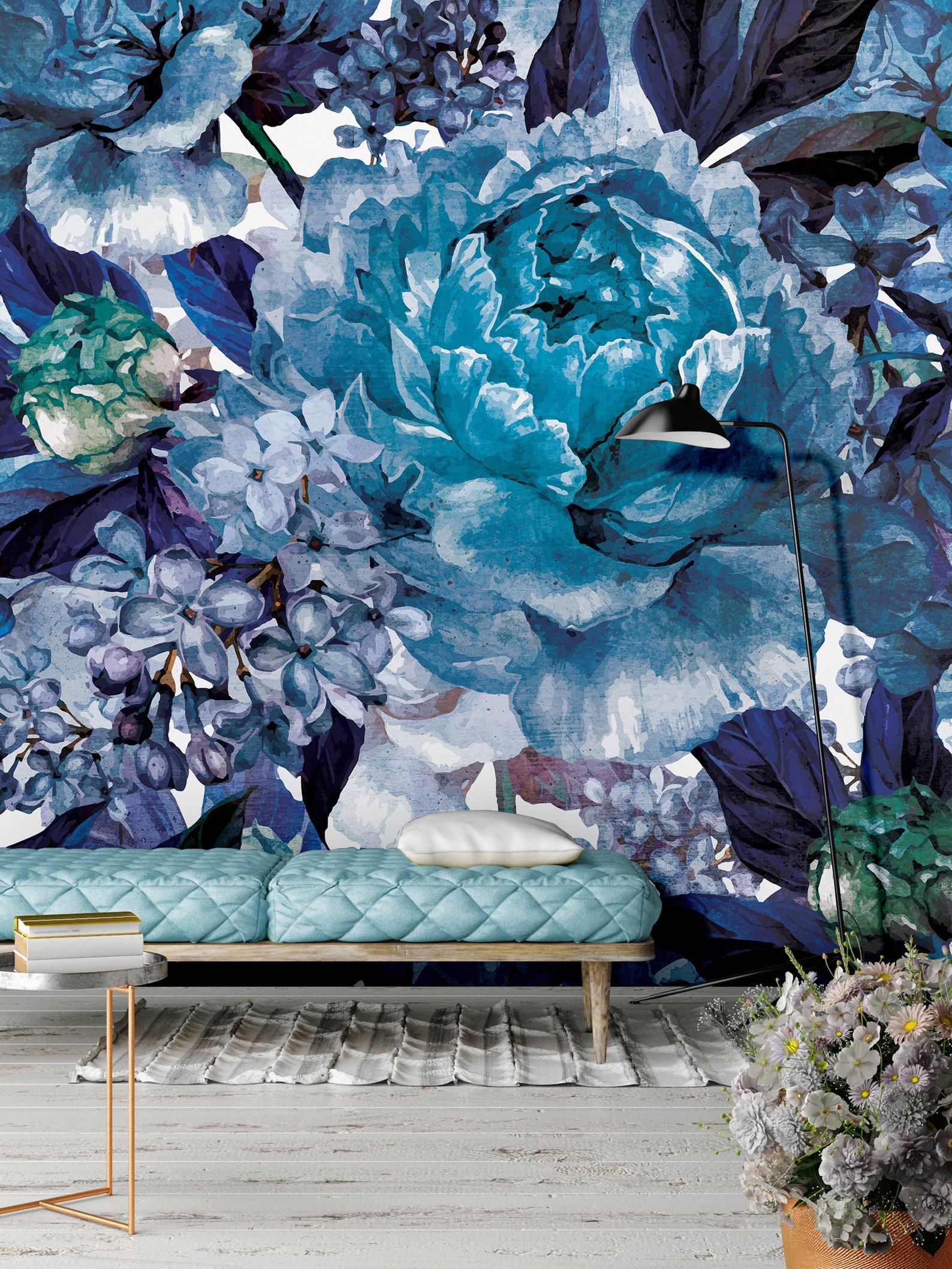 Blue FLORAL Wallpaper Large Flowers Mural FLORAL Wall - Etsy