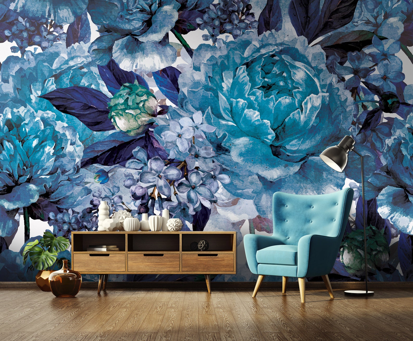 Blue FLORAL Wallpaper Large Flowers Mural FLORAL Wall - Etsy