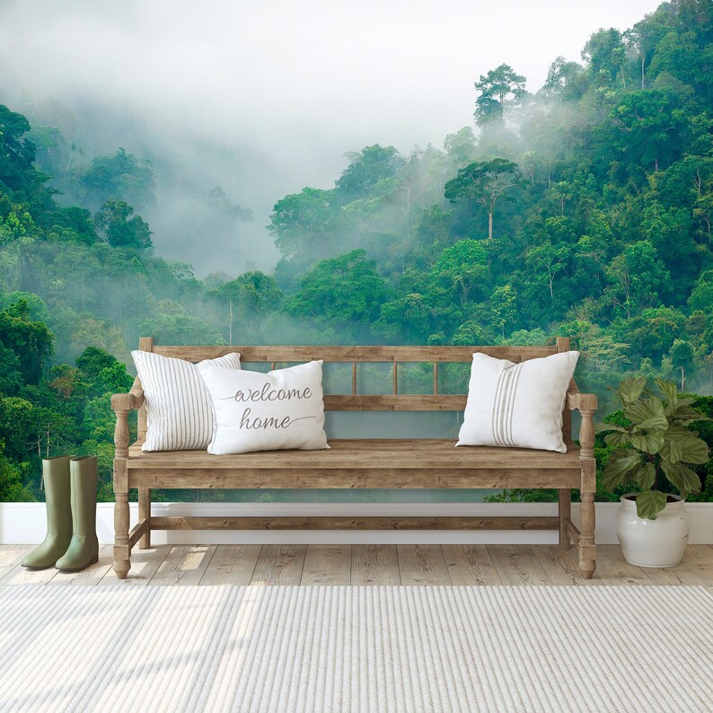 MURAL Wallpaper Forest in the FOG Green Wall Boho - Etsy