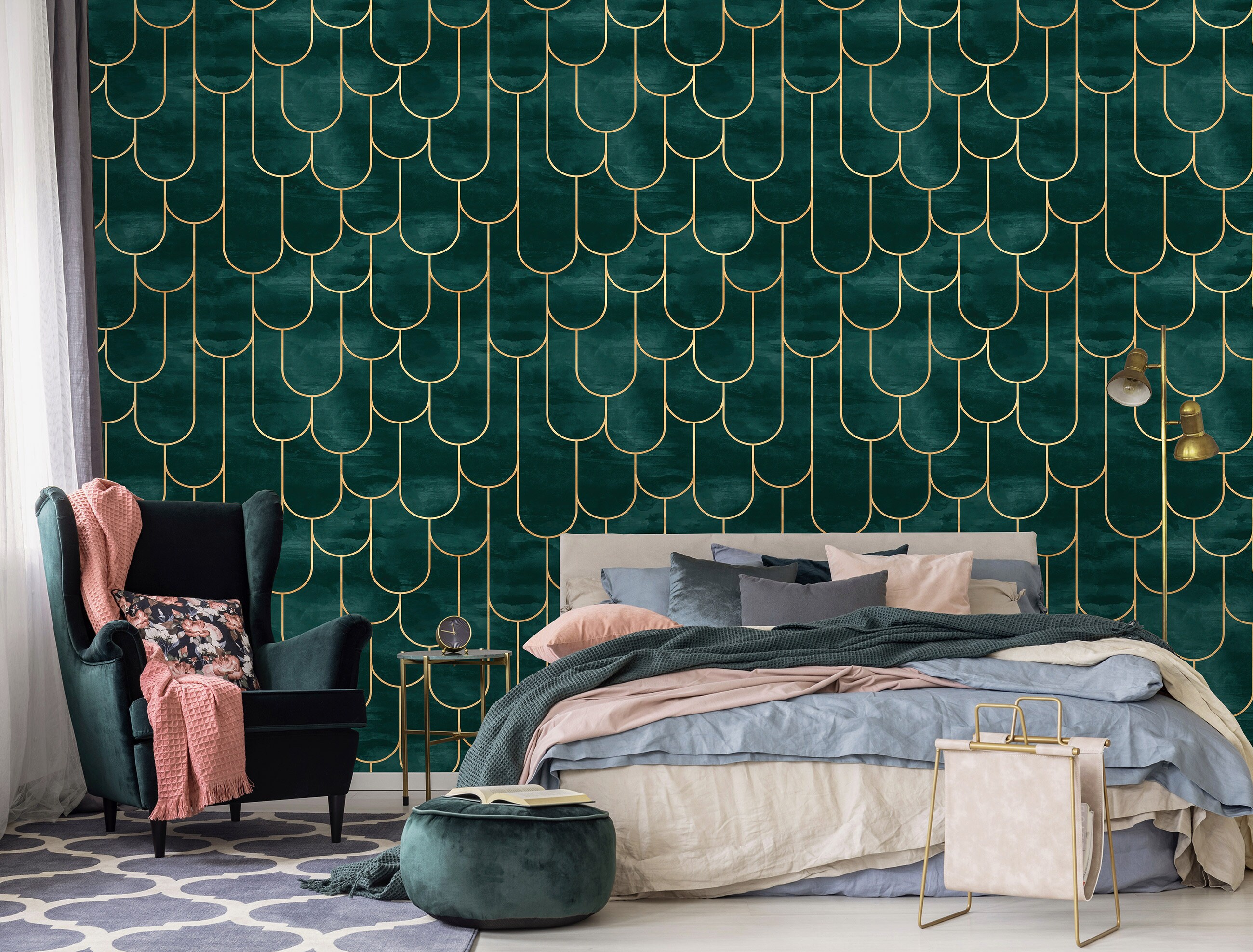 Art Deco Boho Wallpaper Bottle Green Wall Mural Wall - Etsy