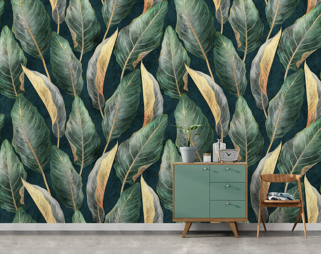 Large LEAVES Wallpaper | Wall Mural | Wall Leaves Decoration | Art Deco ...