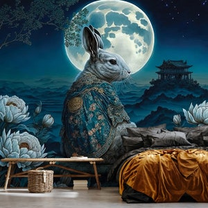 White Rabbit Alice in Wonderland Full Moon Blue Design Wall Poster ...