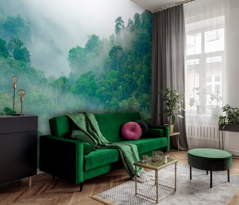 MURAL Wallpaper Forest in the FOG Green Wall Boho - Etsy