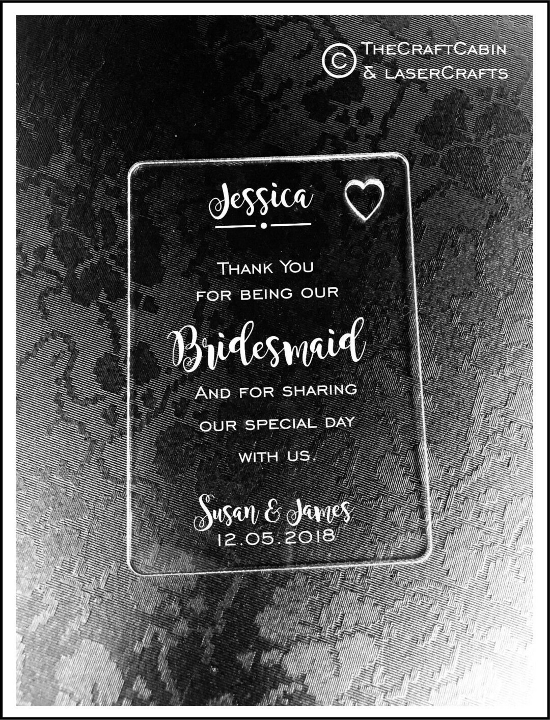 Personalizado Bridesmaid regalo monedero tarjeta Keepsake. Acrílico ...